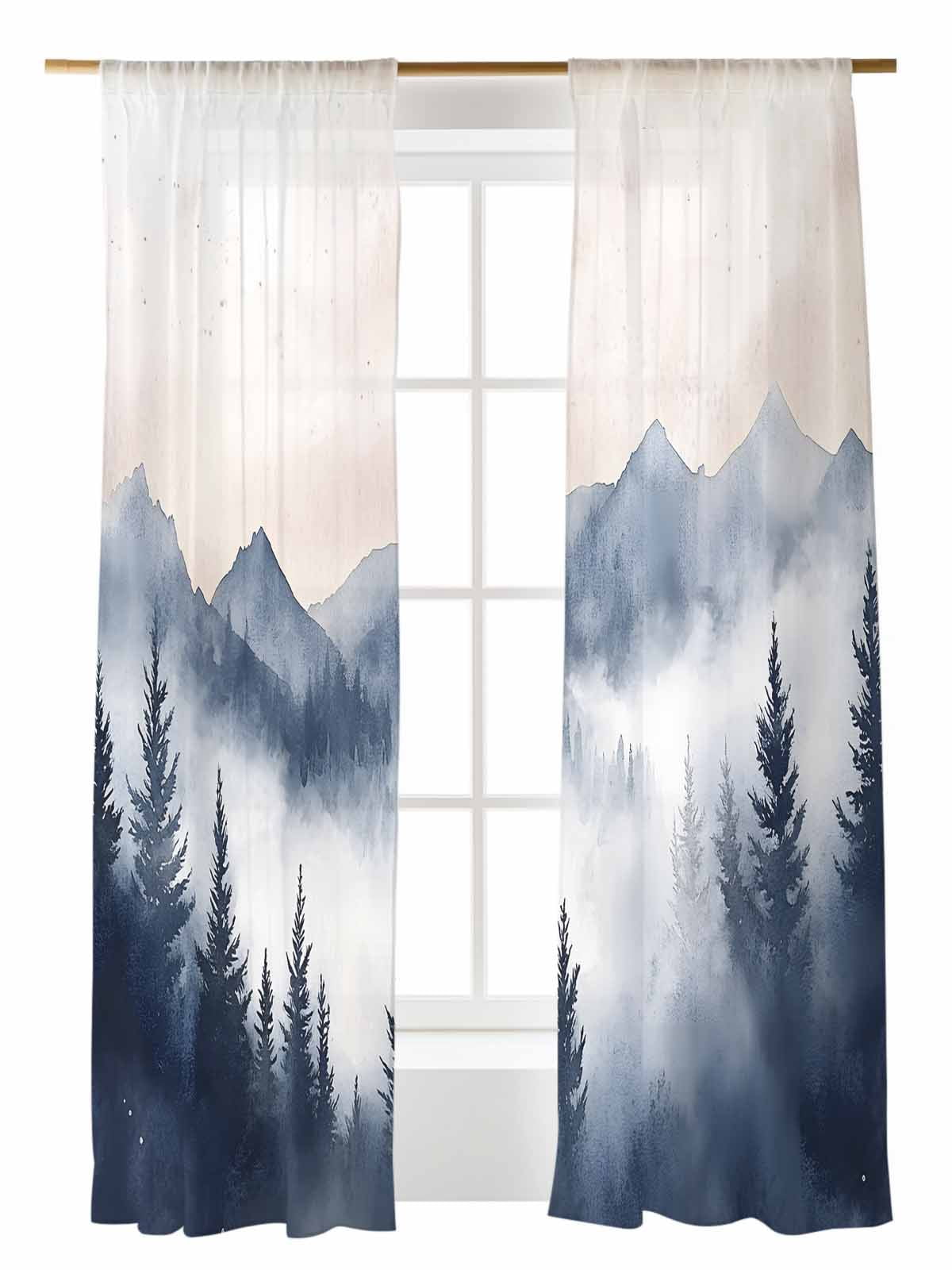 Mountain Landscape Peak Sheer Curtains 84 inches Long 2 Panels Set ...