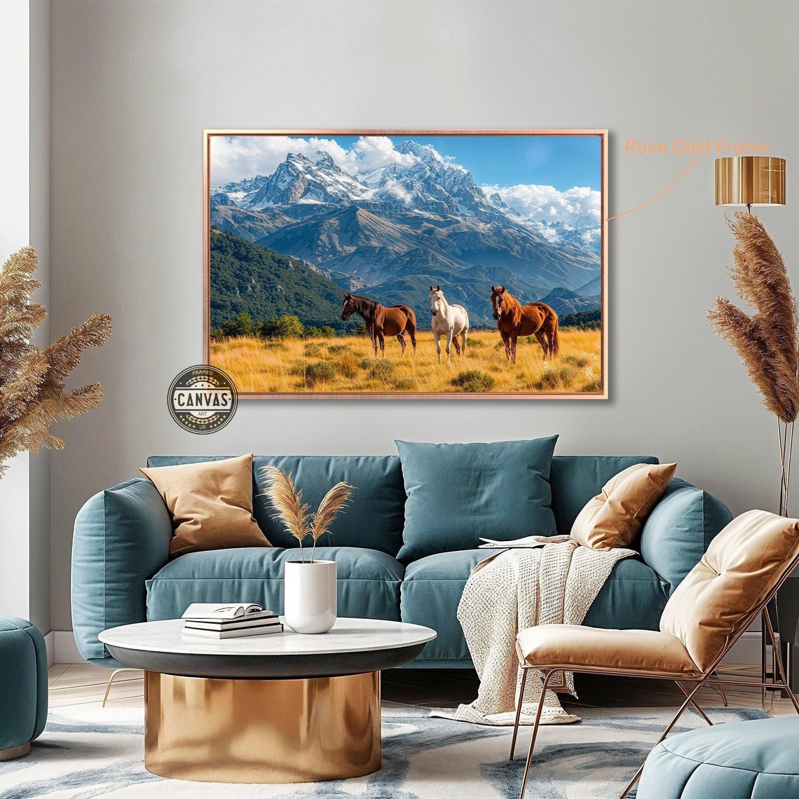 Mountain Landscape Poster Grazing Horses Wall Art Snowy Peaks Poster ...