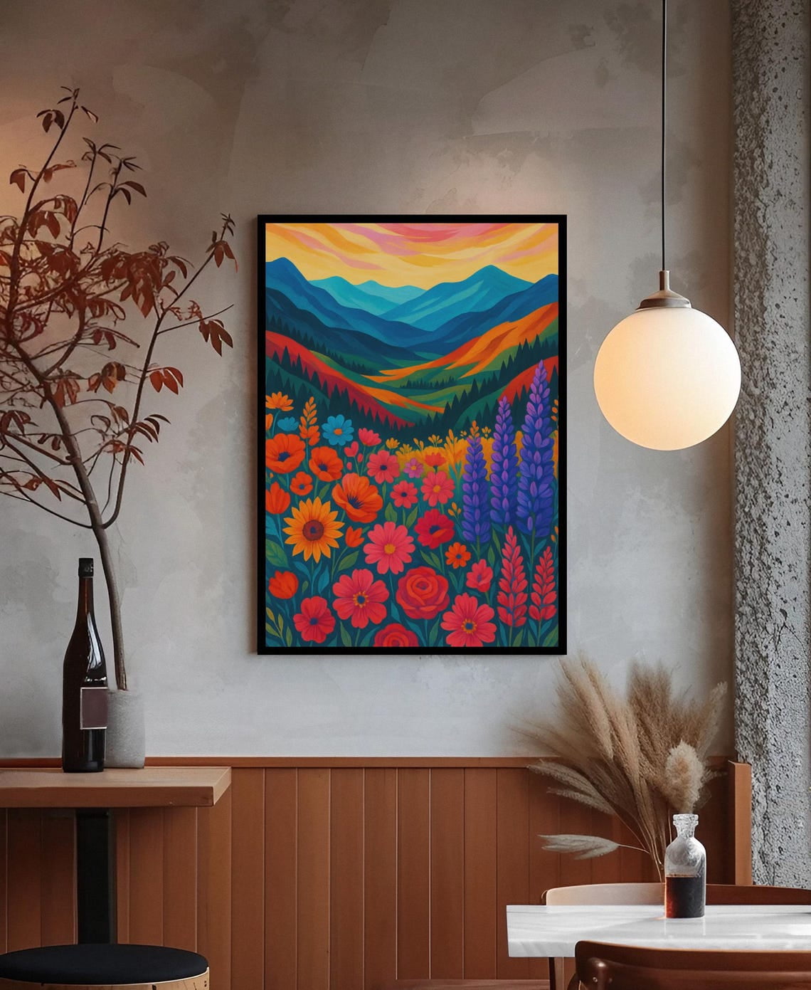 Mountain Landscape Poster: Wildflower Field, Sunset Nature Art, Unframed Poster Size 12x18 ...