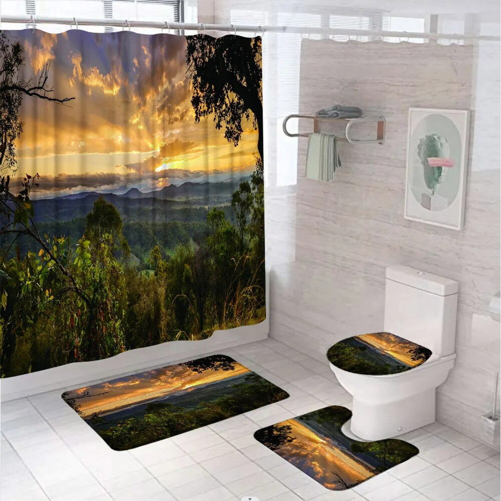Mountain Landscape Shower Curtain Set For Bathroom Decor Natural Blue ...