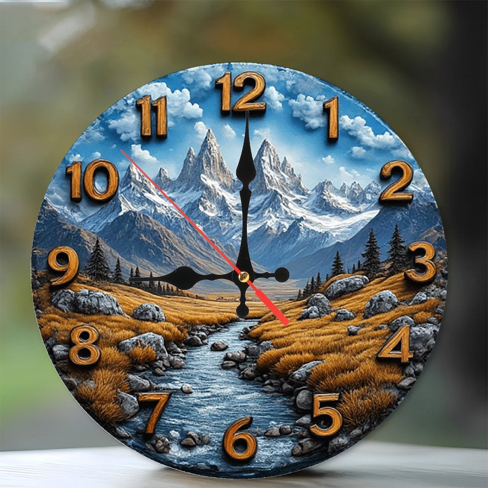 Mountain Landscape Wall Clock River Scene 10-Inch Silent Wooden Wall ...