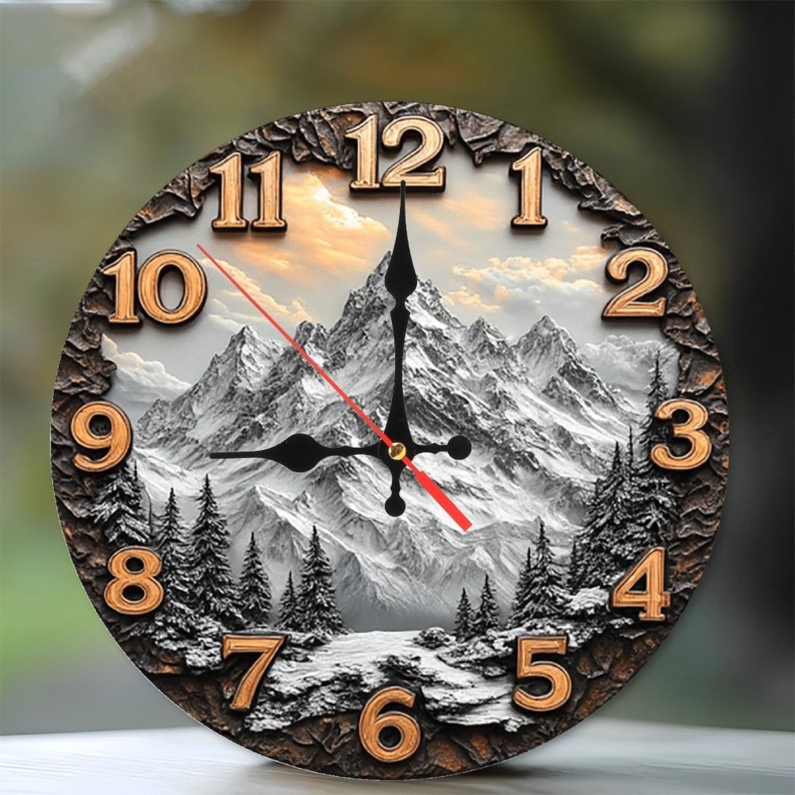 Mountain Landscape Wall Clock Snow Winter Scene 10-Inch Silent Wooden ...