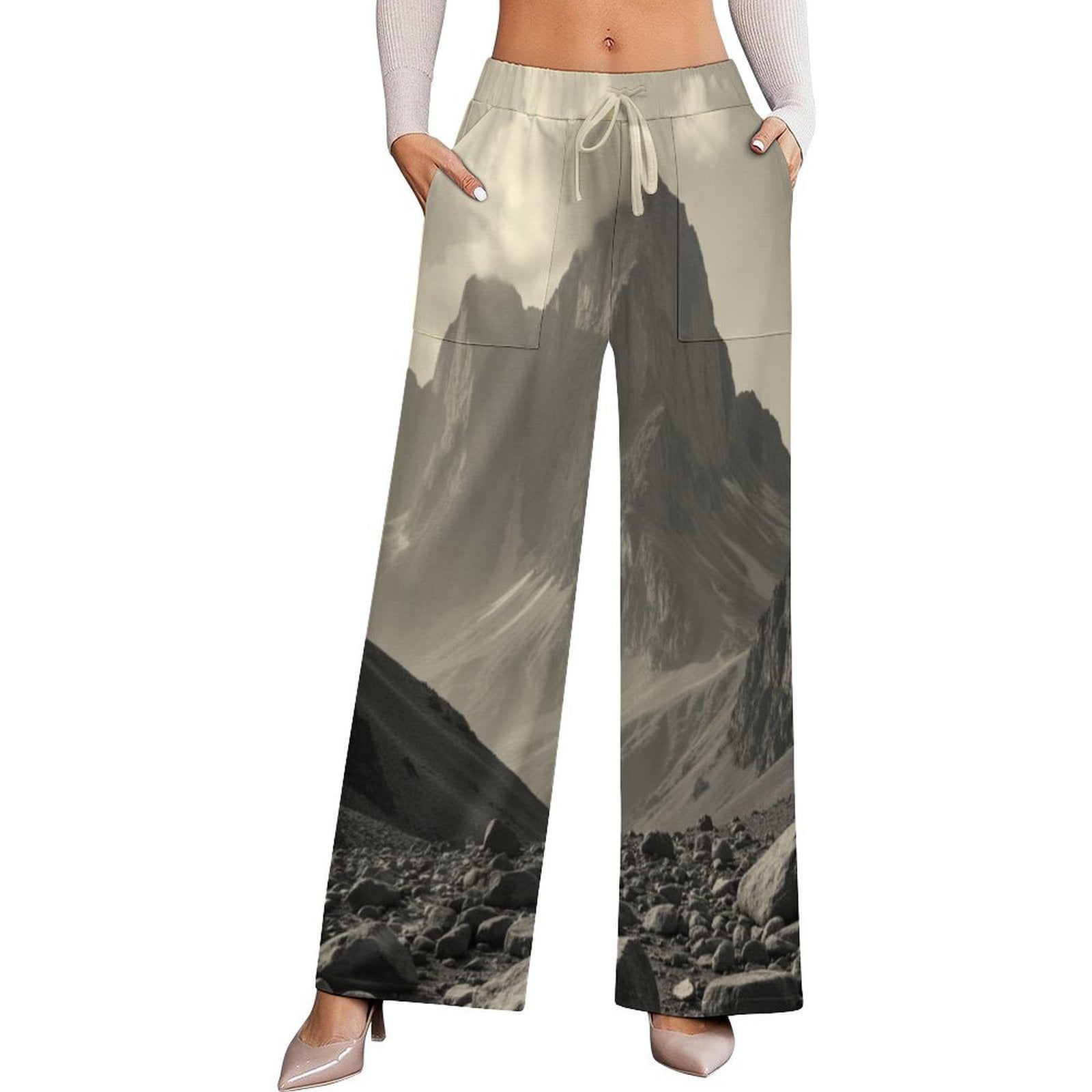 Mountain Landscape with Large Rocks Women's Casual Wide Leg Pants Comfort Pockets Elastic Waist ...