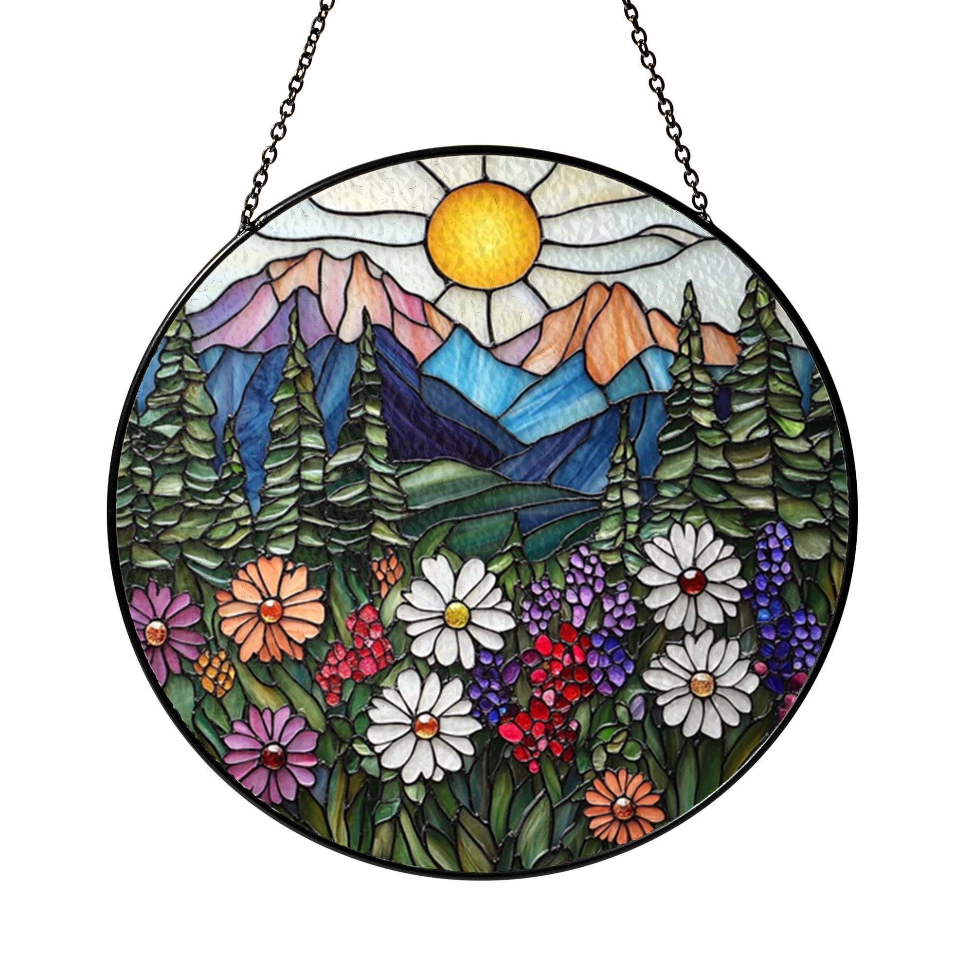 Mountain Meadow Forest Scene Stained Glass Window Hanging Decorative ...