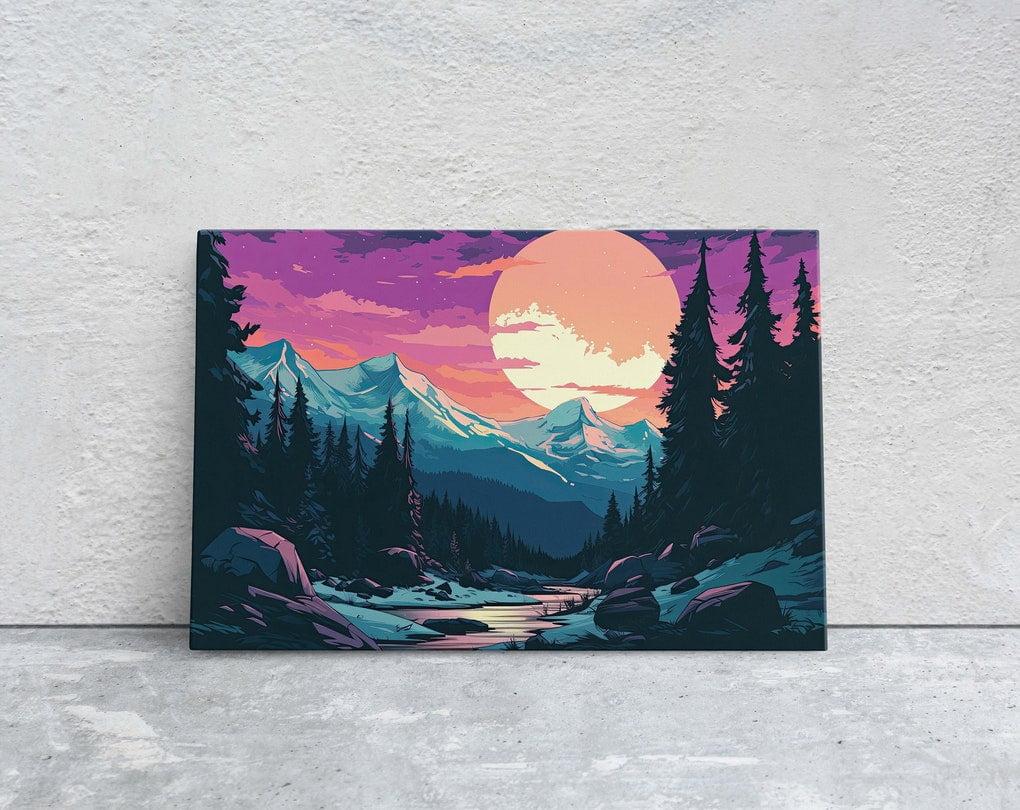 Mountain And Moon On , Nightfall Mountains, Midnight Landscape, Vibrant ...