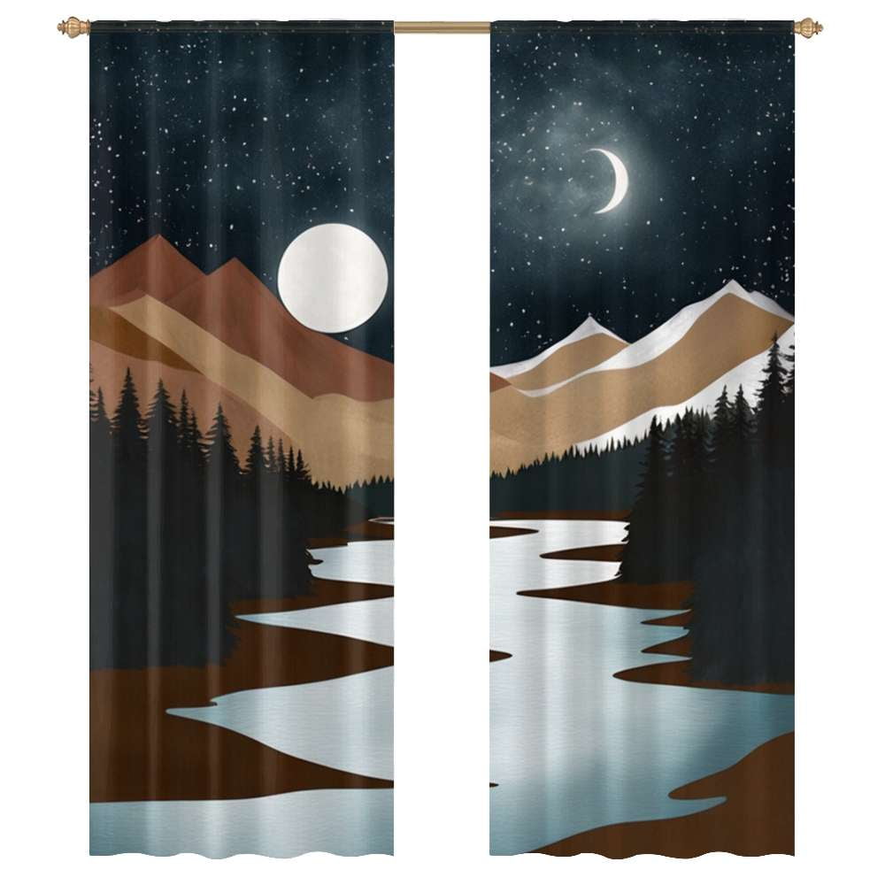 Mountain Moon Reflection Art Sheer Window Curtains for Living Room ...