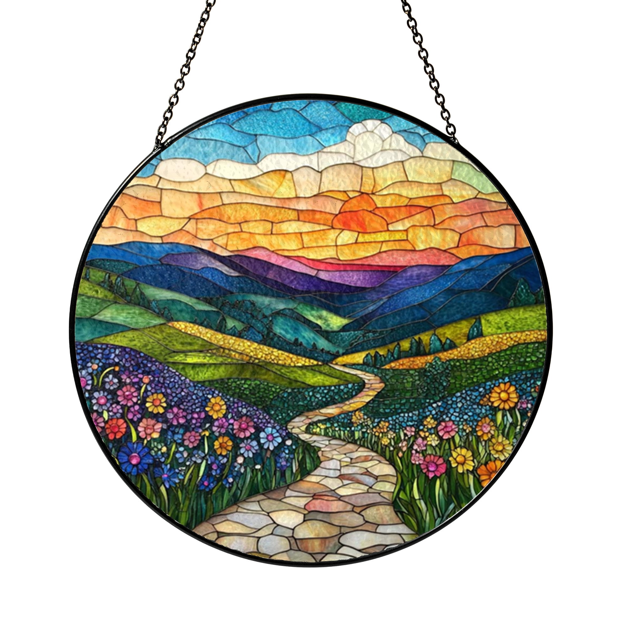 Mountain Path Stained Glass Suncatcher – Wildflower Landscape Window ...