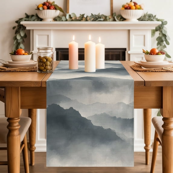 Mountain Peak Dining Table Runner, Modern Mist Gray Ink Wash Gradient ...