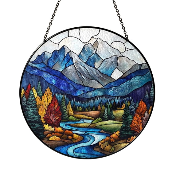 Mountain Range Scenic View Stained Glass Style Ornament Window Decor ...