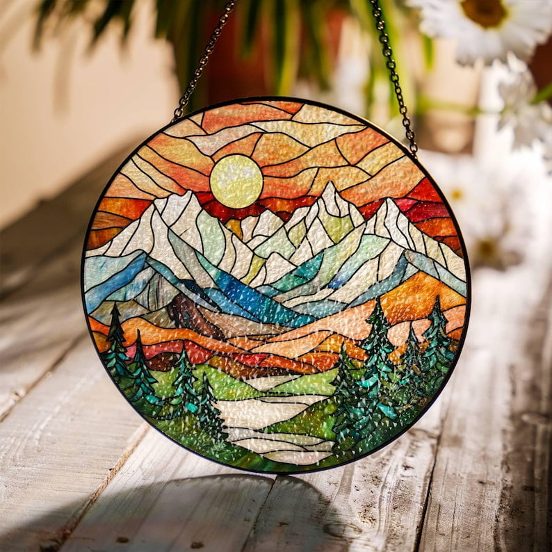 Mountain Range Stained Glass SunCatcher Sunset Light Catcher Window ...