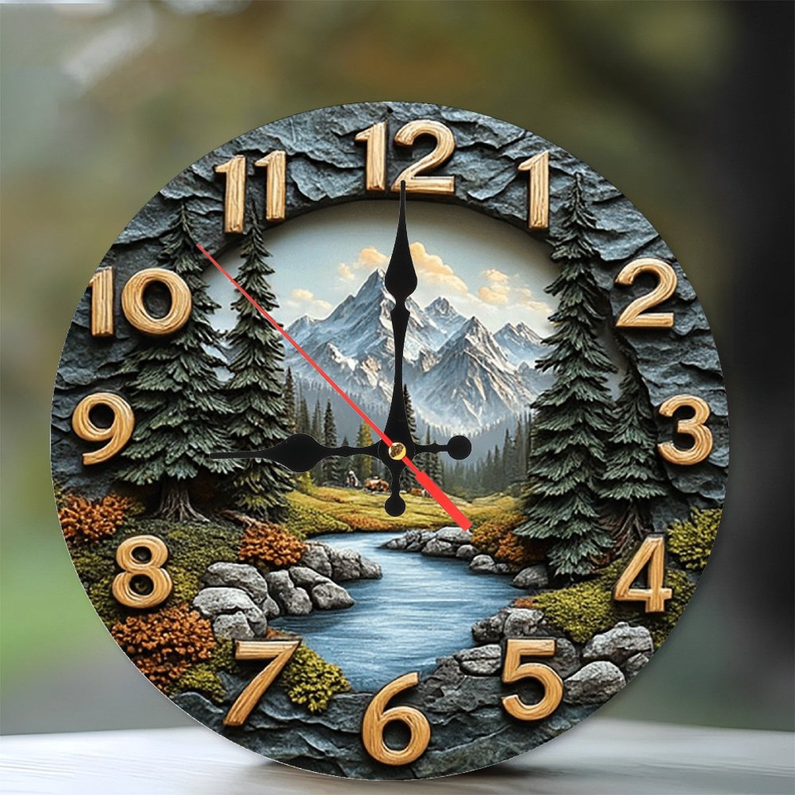 Mountain River Landscape Wall Clock 10-Inch Silent Wooden Wall Clock ...