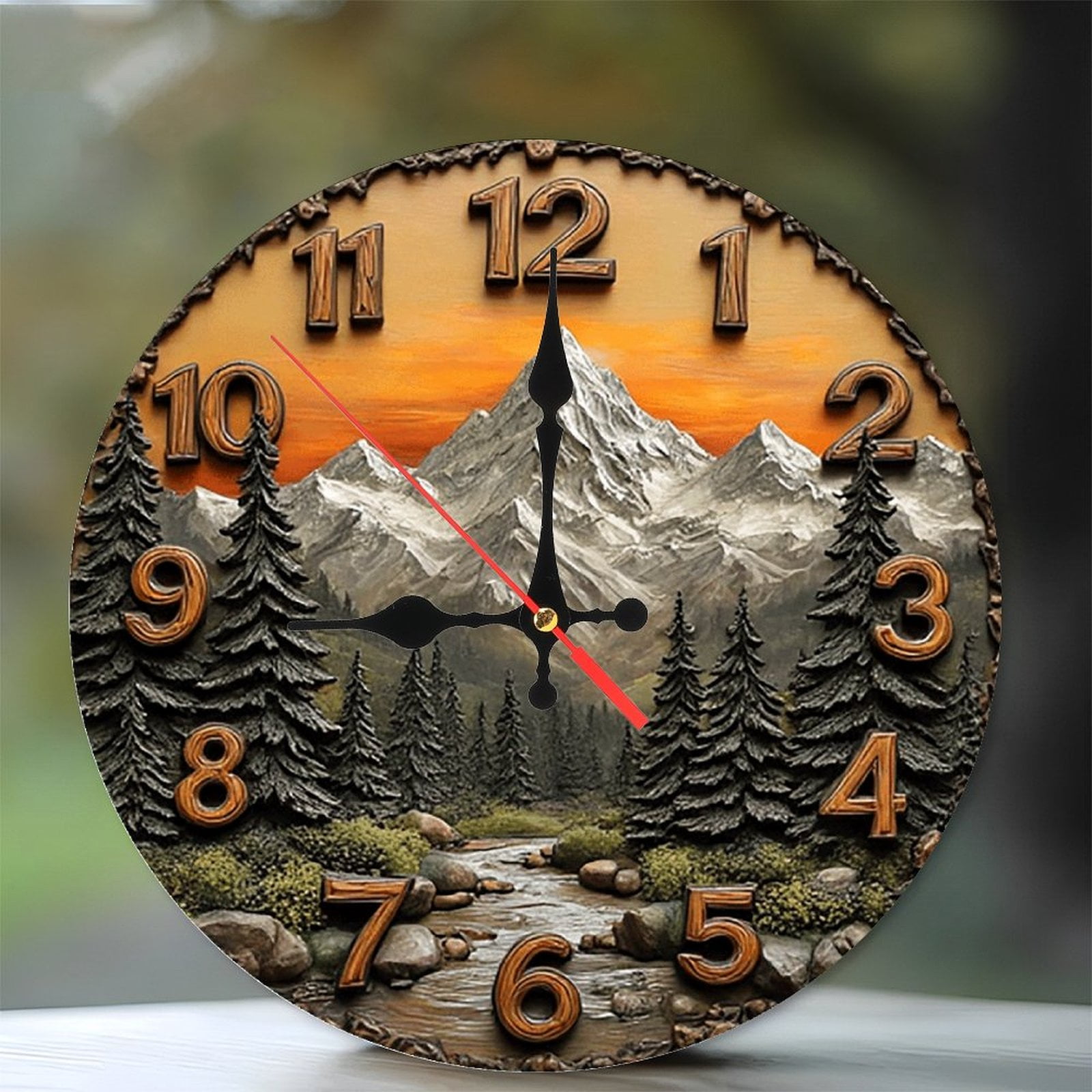 Mountain River Scene Wall Clock Wood Carving 10-Inch Silent Wooden Wall ...