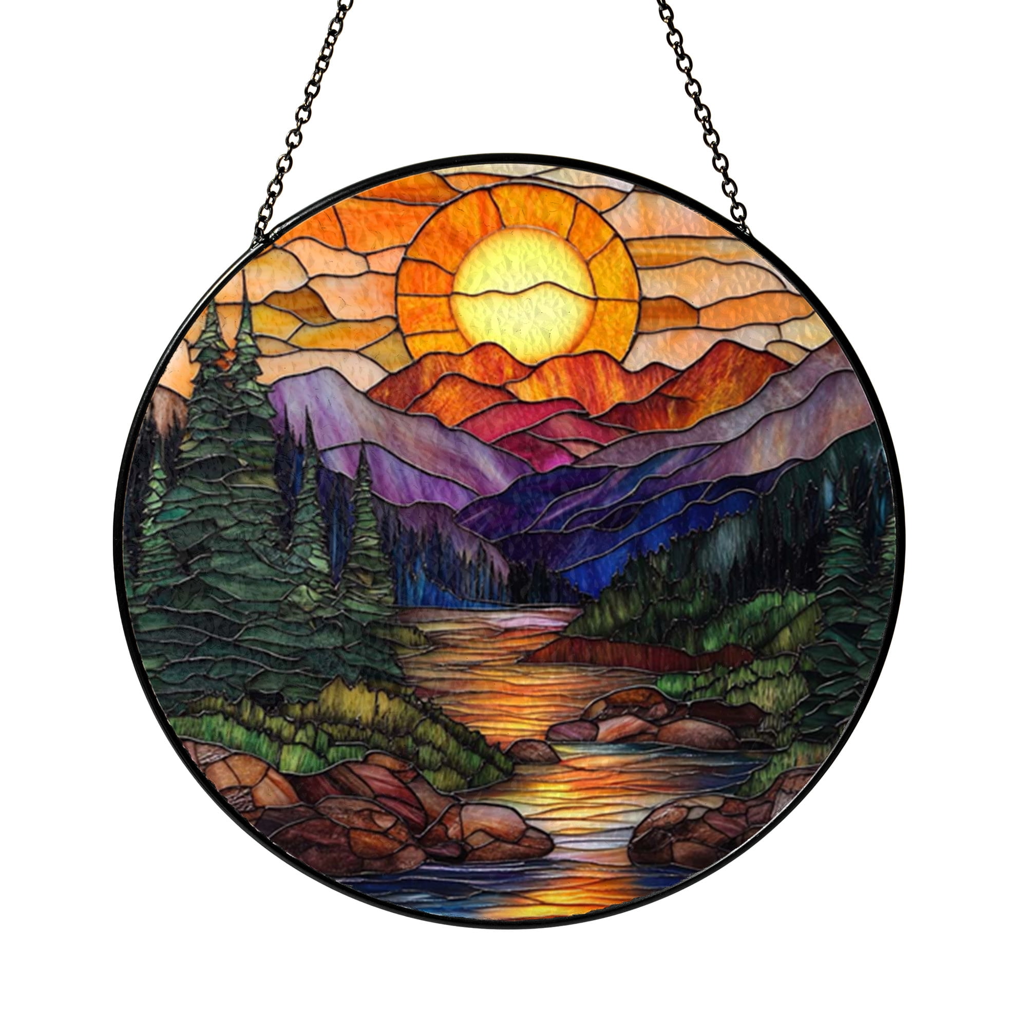 Mountain River Sunset Stained Glass Style Suncatcher, Fantasy Forest ...