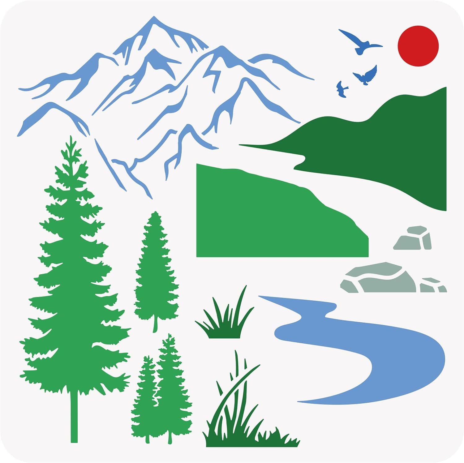Mountain Scene Stencil 12x12 River Sun Pine Tree Landscape Pattern ...