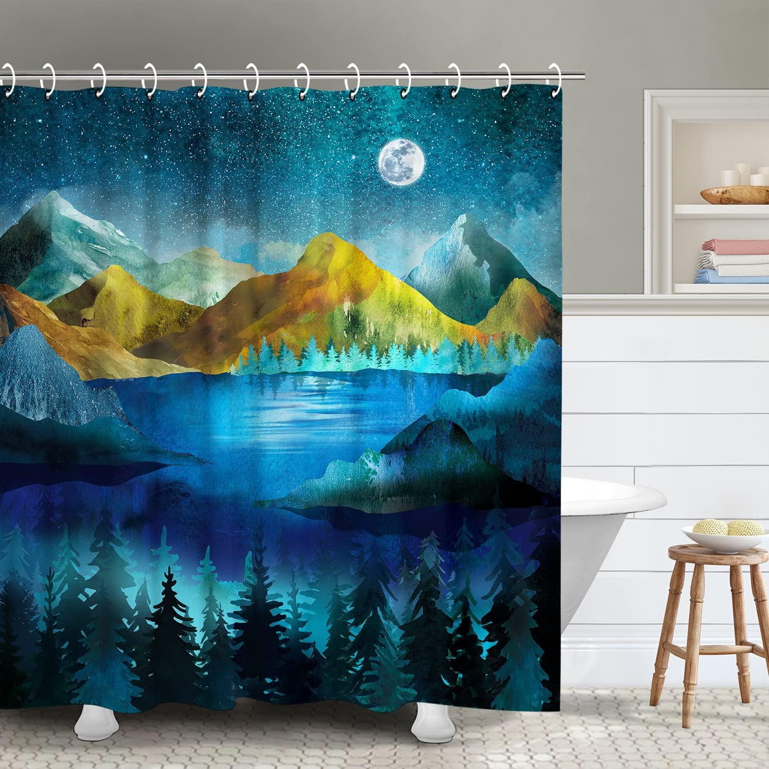 Mountain Shower Curtain, Lake Shower Curtain, Stars Starry Night Shower ...