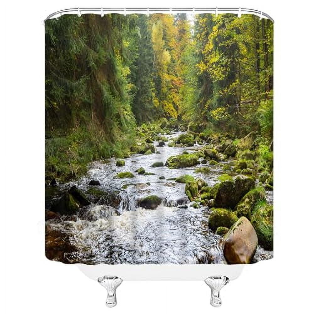 Mountain Shower Curtain Mountain Forest Stream Pines Trees Nature ...
