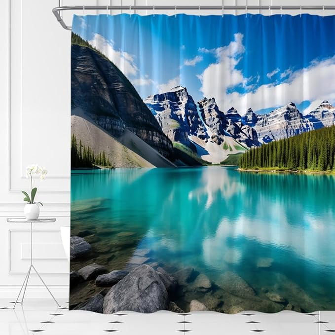 Mountain Shower Curtain Mountain Lake Stream Pines Trees Nature ...