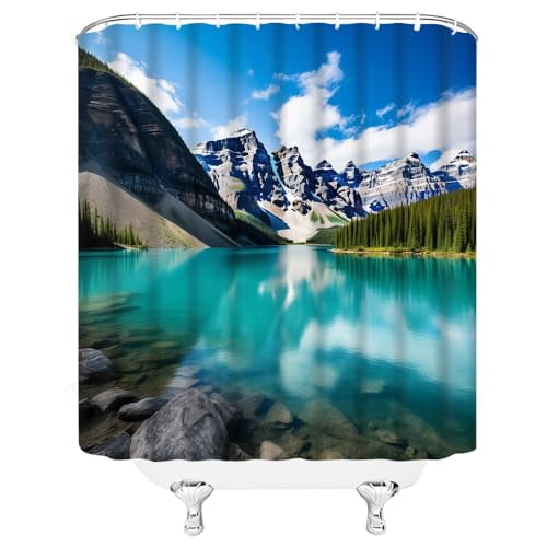 Mountain Shower Curtain Mountain Lake Stream Pines Trees Nature ...