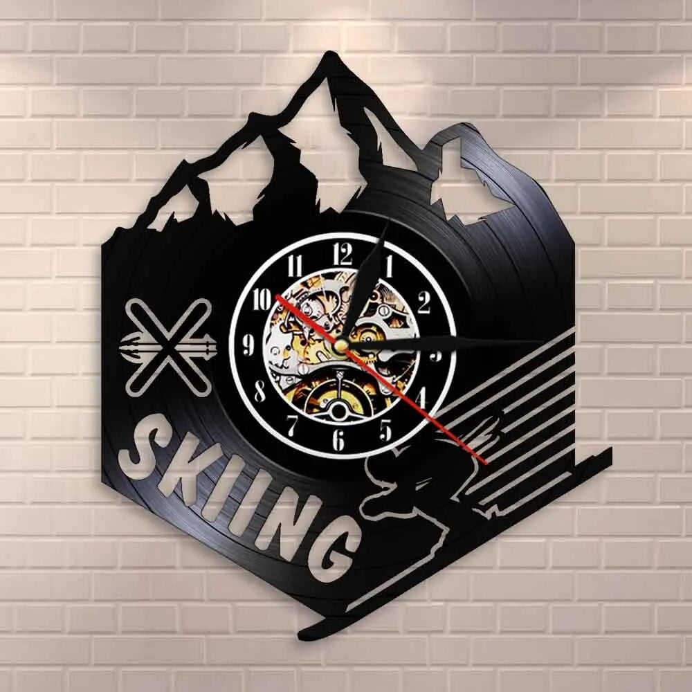 Mountain Skiing Sign Vinyl Wall Clock,Vinyl Record Clock Wall Art Black ...
