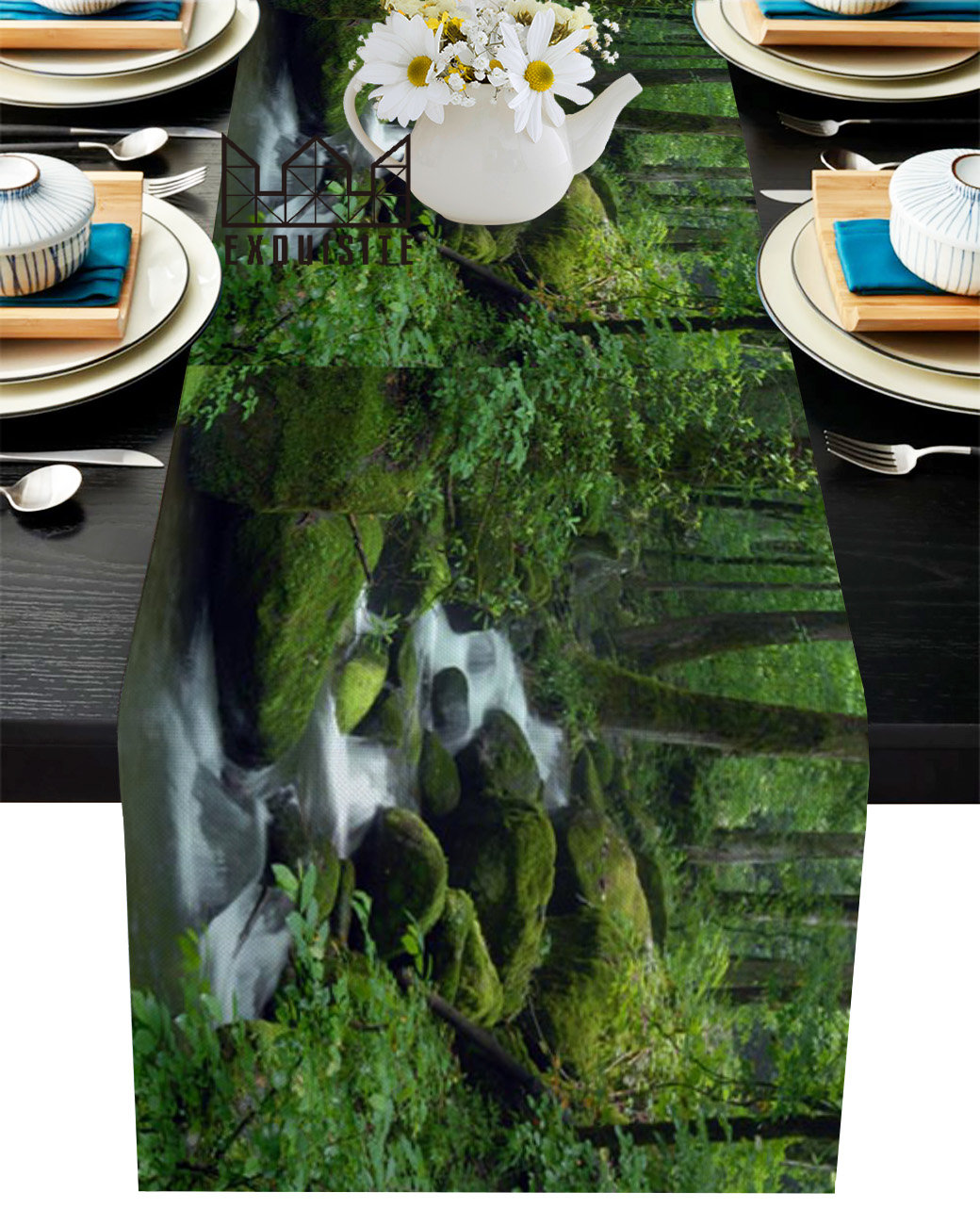 Mountain Stream Leaves Forest Scenery Table Runner ration Home r Dinner ...