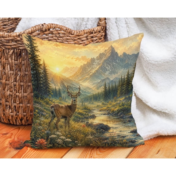 Mountain Sunrise Deer Pine Forest Gold Green Polyester Velvet Throw ...