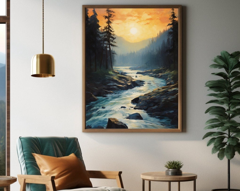 Mountain Sunrise Painting Art Warm Gold Skies Over Deep Teal And Slate ...