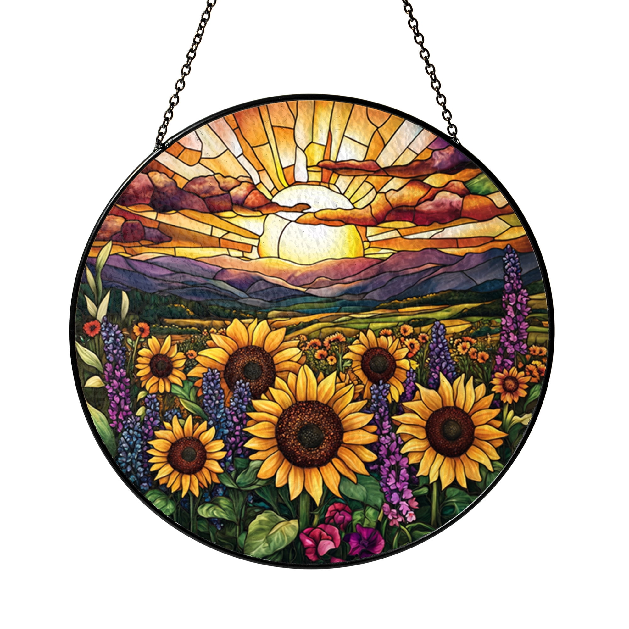 Mountain Sunrise Sunflower Window Hanging Suncatcher, Faux Stained ...