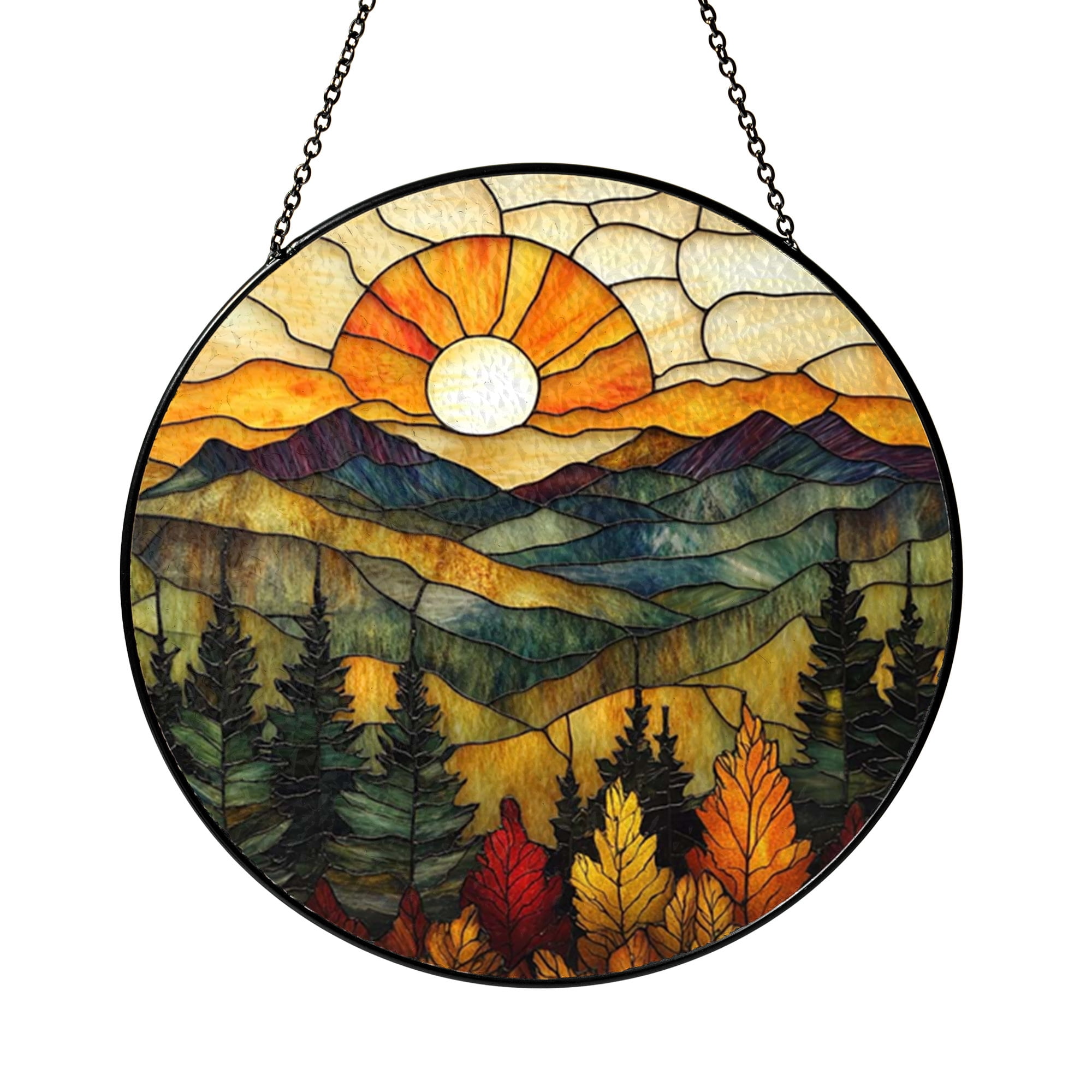 Mountain Sunrise Vista Stained Glass-Style Window Hanging, Real Glass ...