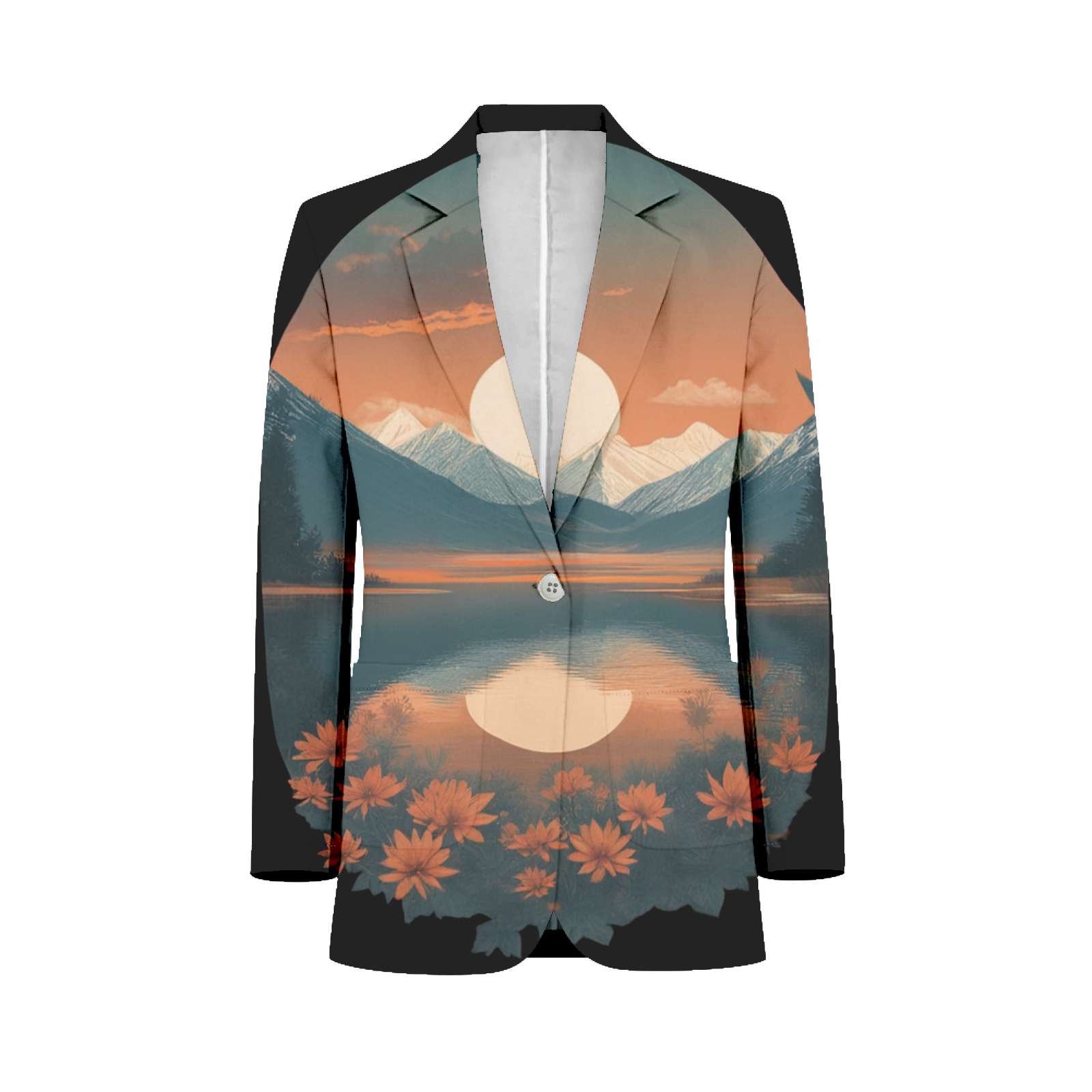 Mountain Sunset Floral Frame Mens Suits Shawl Collar Slim Fit Suit Mens ...
