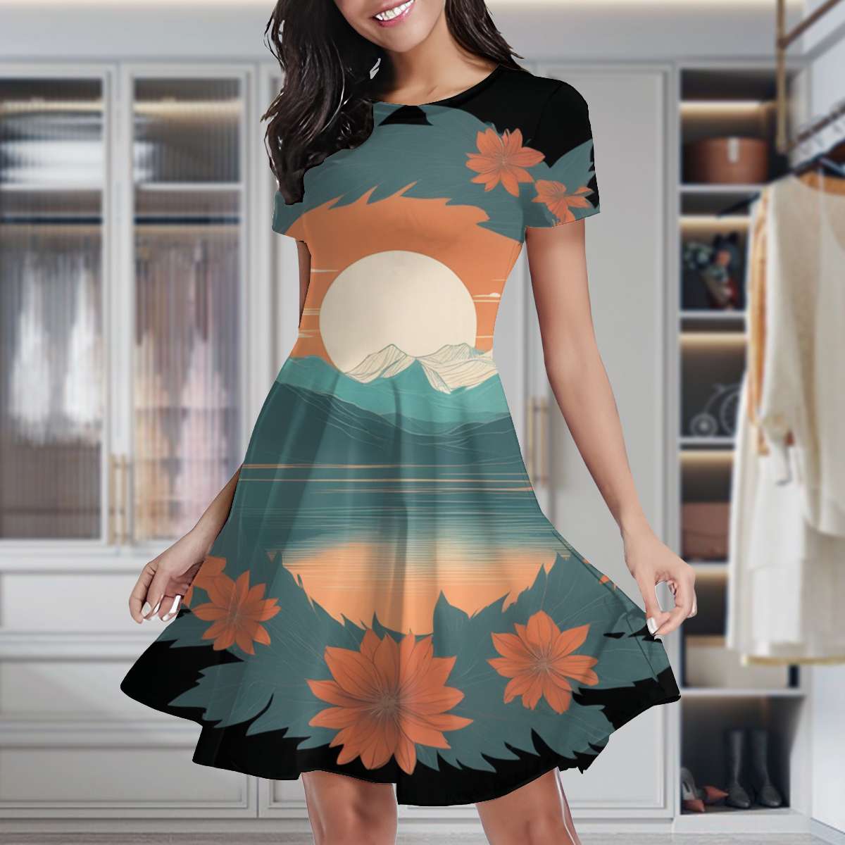 Mountain Sunset Floral Frame Women's Classic Swing Skater Dress Casual ...