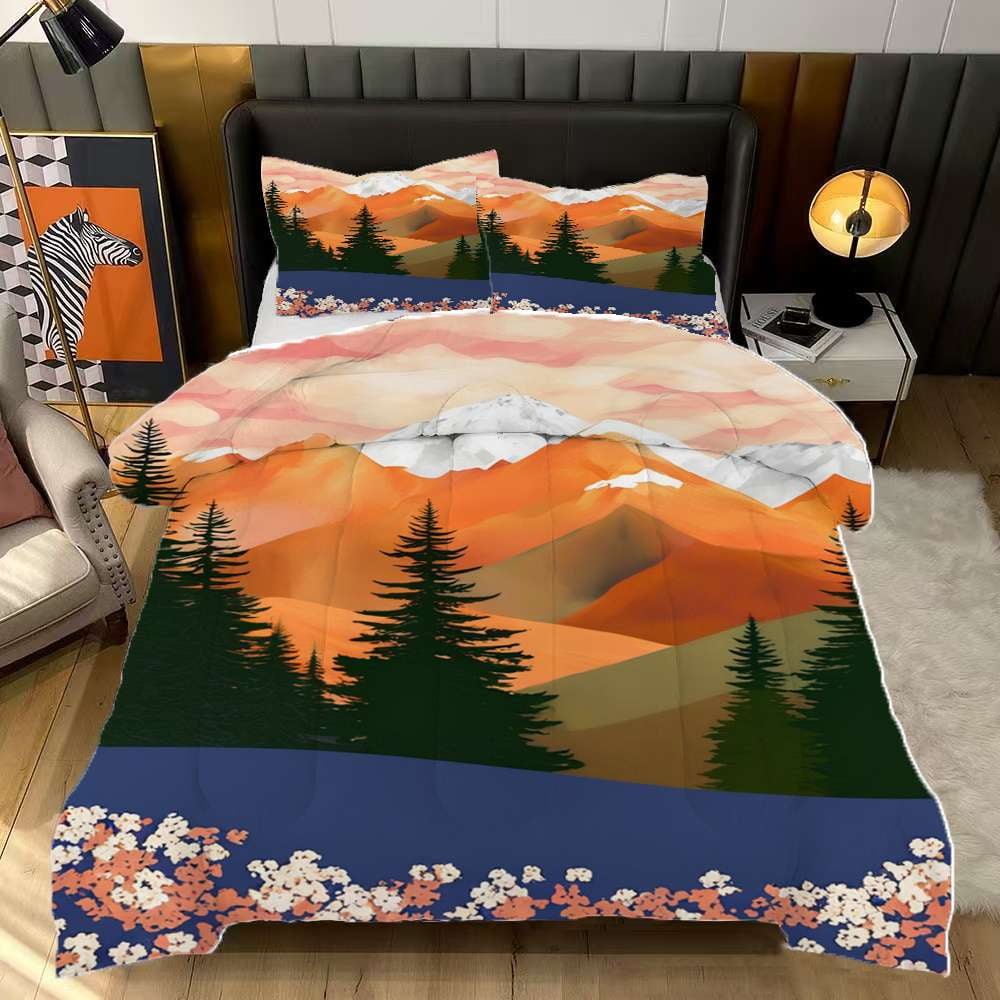 Mountain Sunset Floral Print Comforter Set Full Size Bedding Set For ...