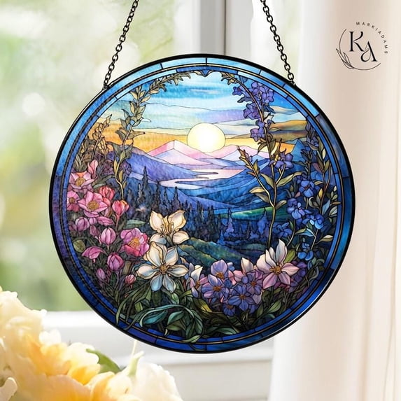 Mountain Sunset Floral Suncatcher, Glass-Effect Round Window Hanging ...