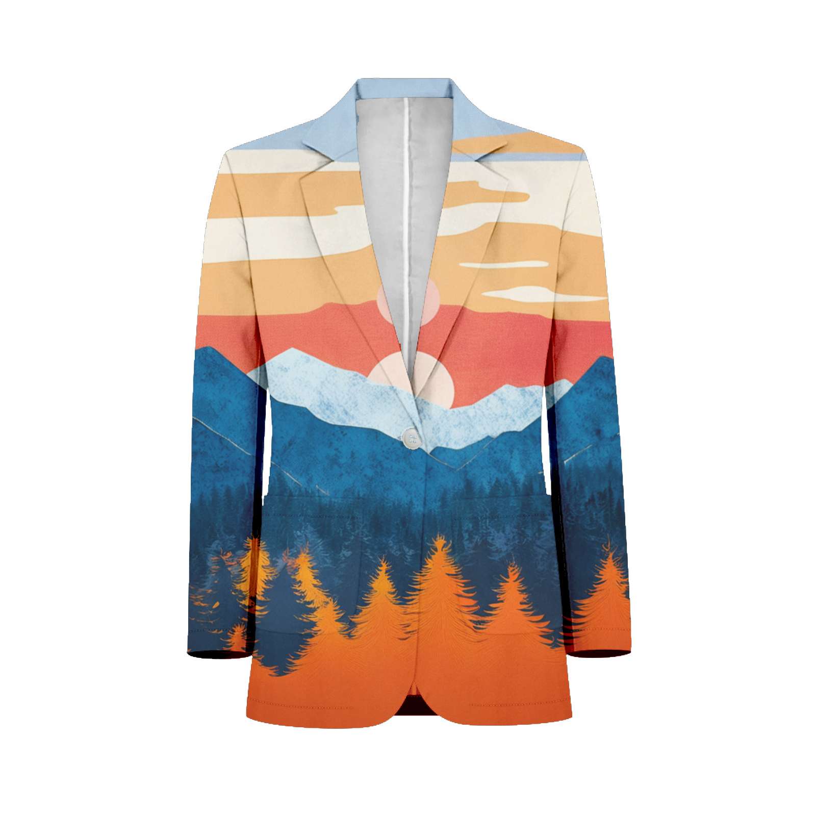 Mountain Sunset Forest Print Mens Suits Shawl Collar Slim Fit Suit Mens ...