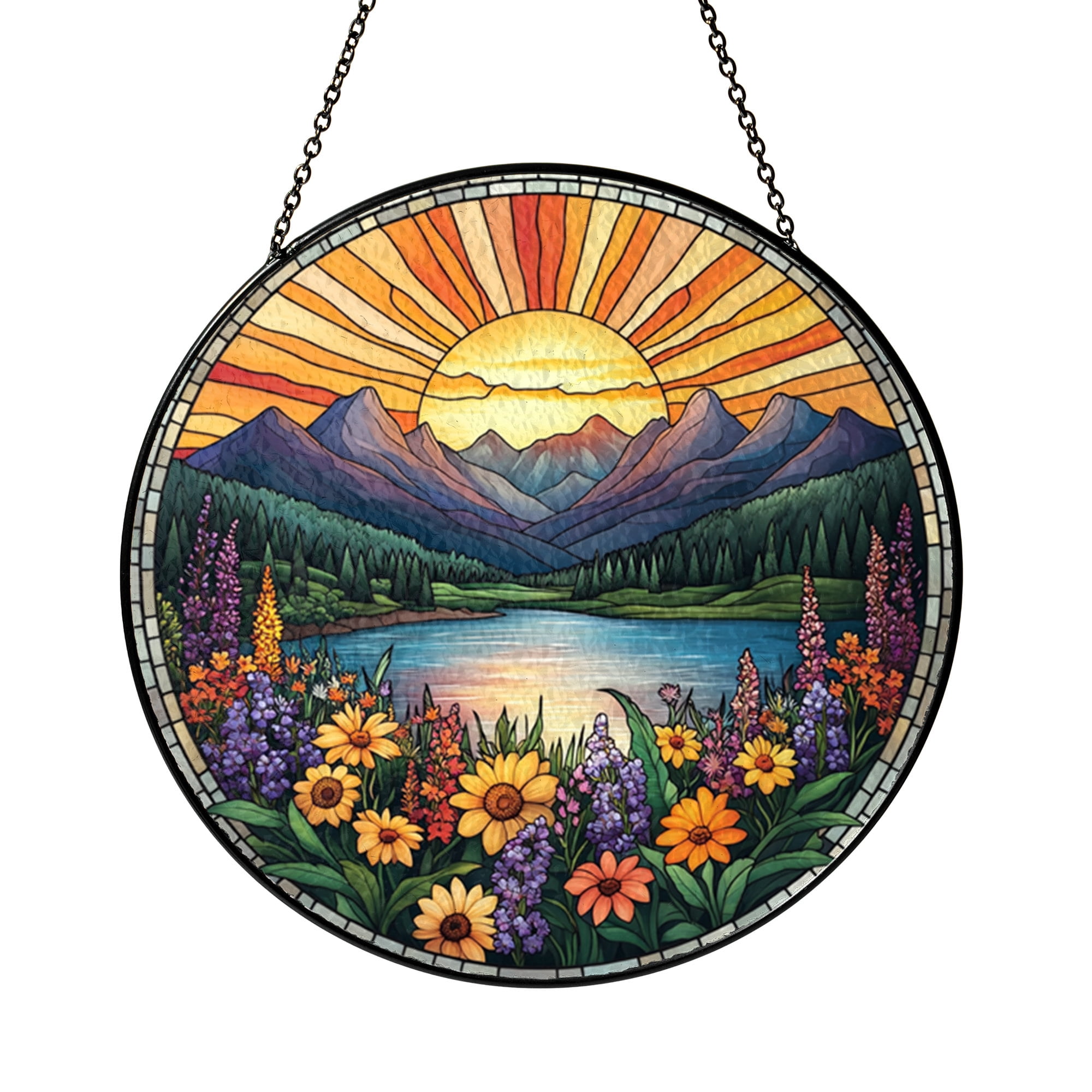 Mountain Sunset Glass Suncatcher Round Window Hanging, Scenic Lake and ...