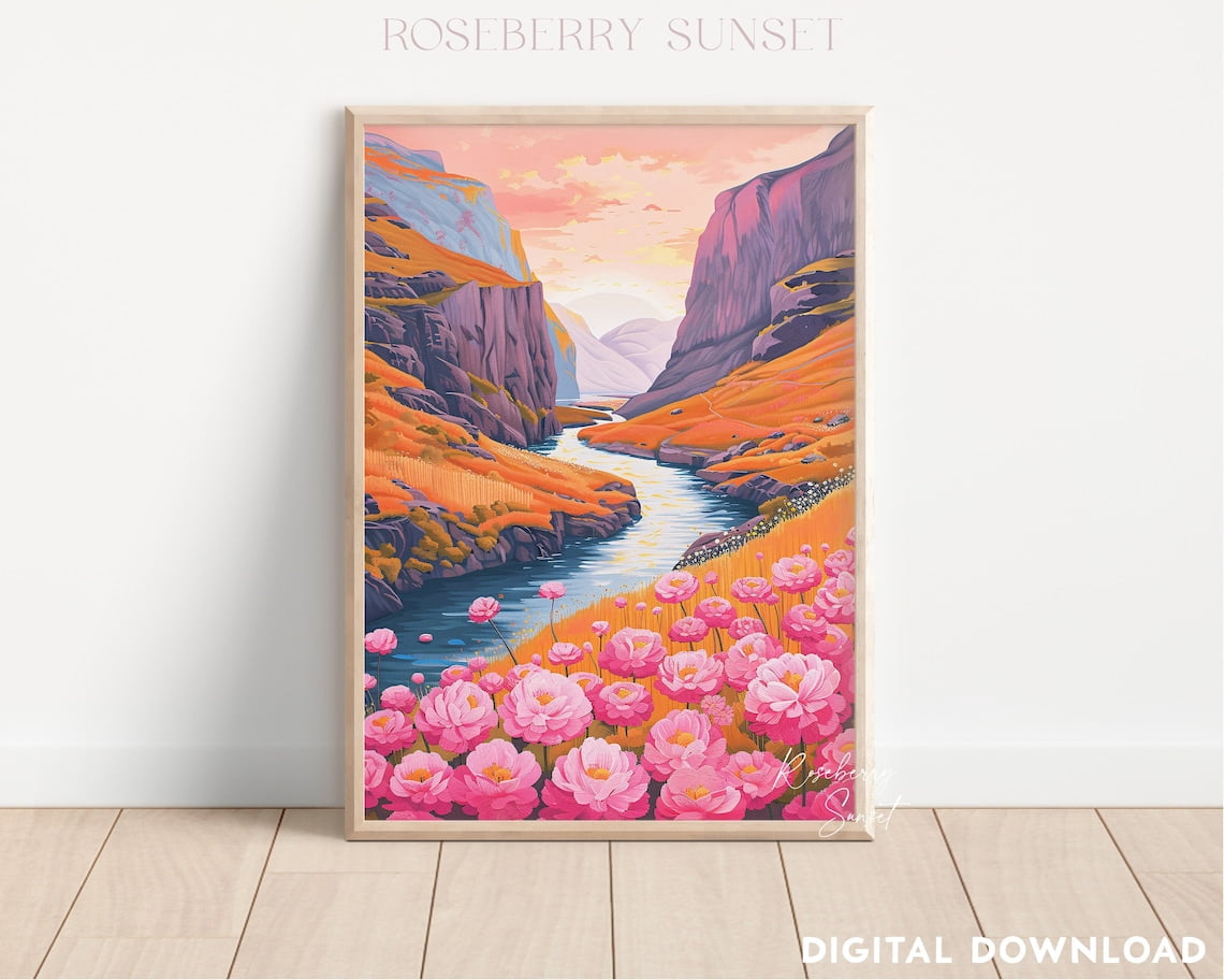 Mountain Sunset Orange Meadow Pink Wildflower Landscape Art Print ...