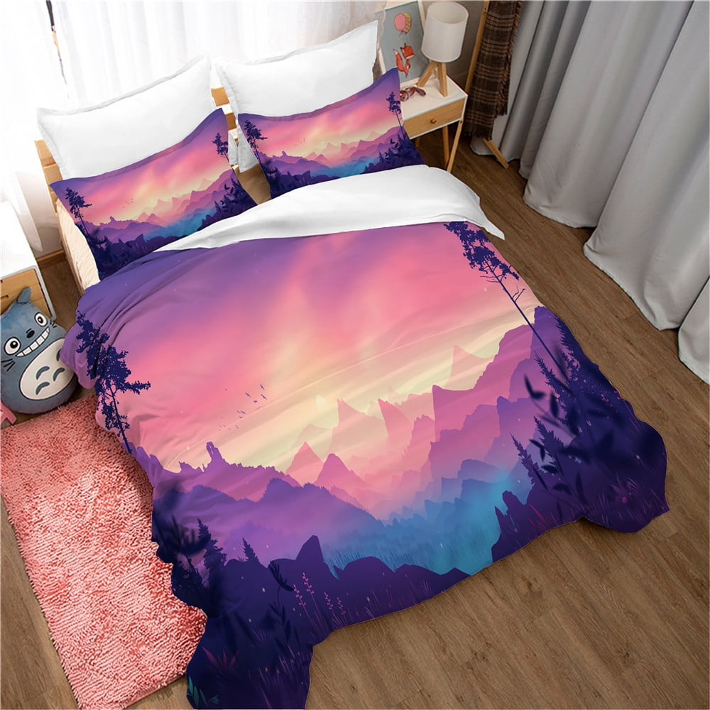 Mountain Sunset Pattern Duver Cover Nature Scene Towering Peak Forest ...