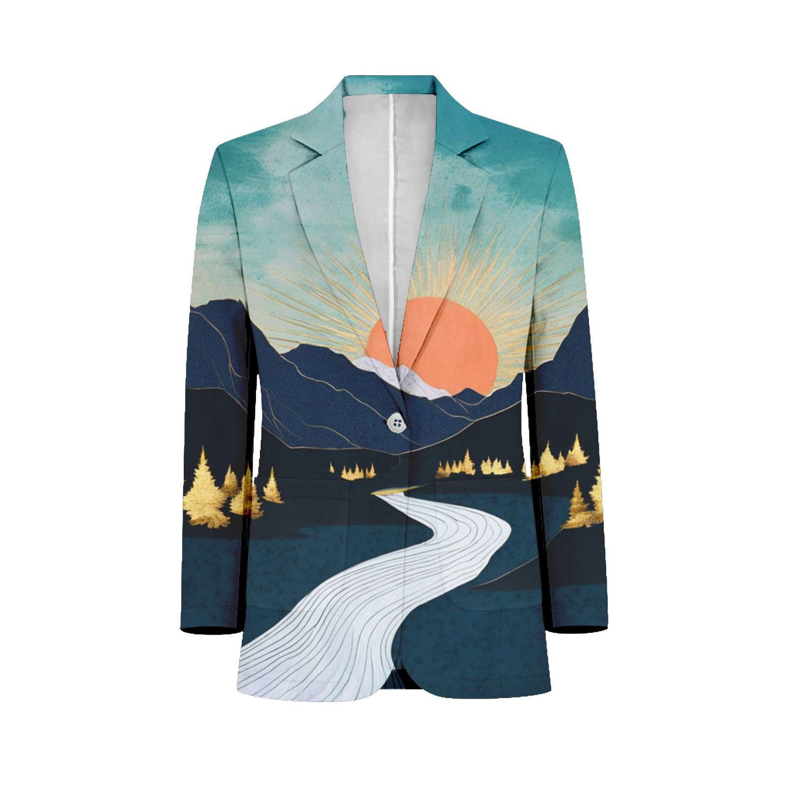 Mountain Sunset River Art Mens Suits Shawl Collar Slim Fit Suit Mens ...