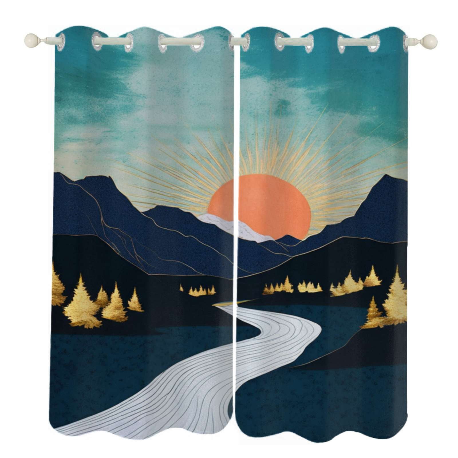 Mountain Sunset River Art Sunshade Curtains Home Bedroom Living Room ...