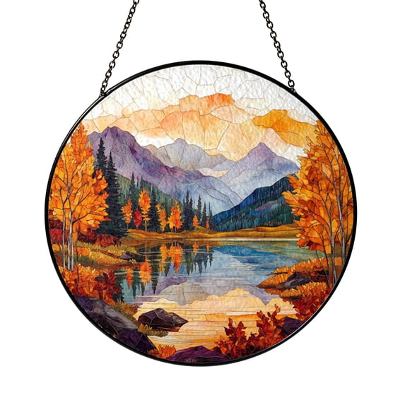 Mountain Sunset Stained Glass Round Suncatcher – Lake and Forest ...