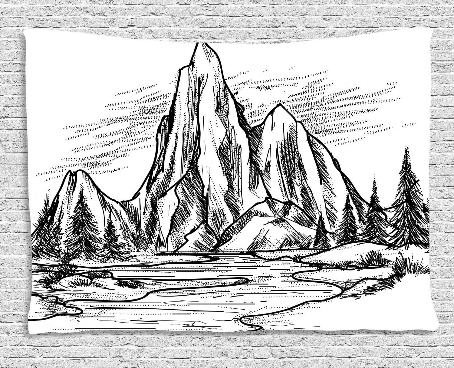 Mountain Tapestry, Hand Drawn Style View with Forest Pine Trees Lake ...