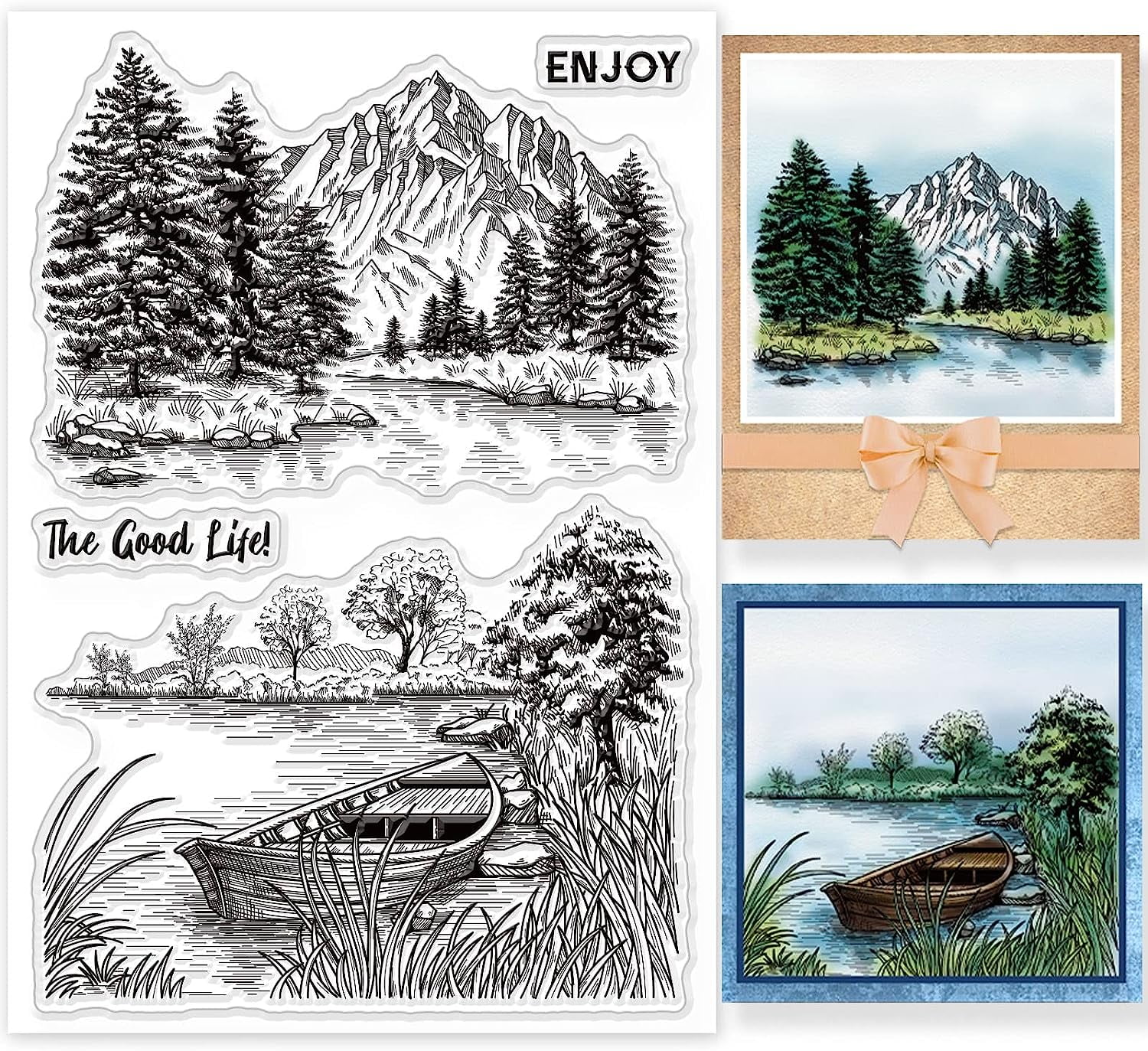 Mountain Tree Scenery Clear Stamp River Boat Landscape Rubber ...