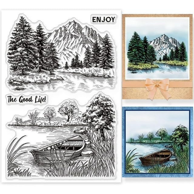Mountain Tree Scenery Clear Stamp River Boat Landscape Rubber ...