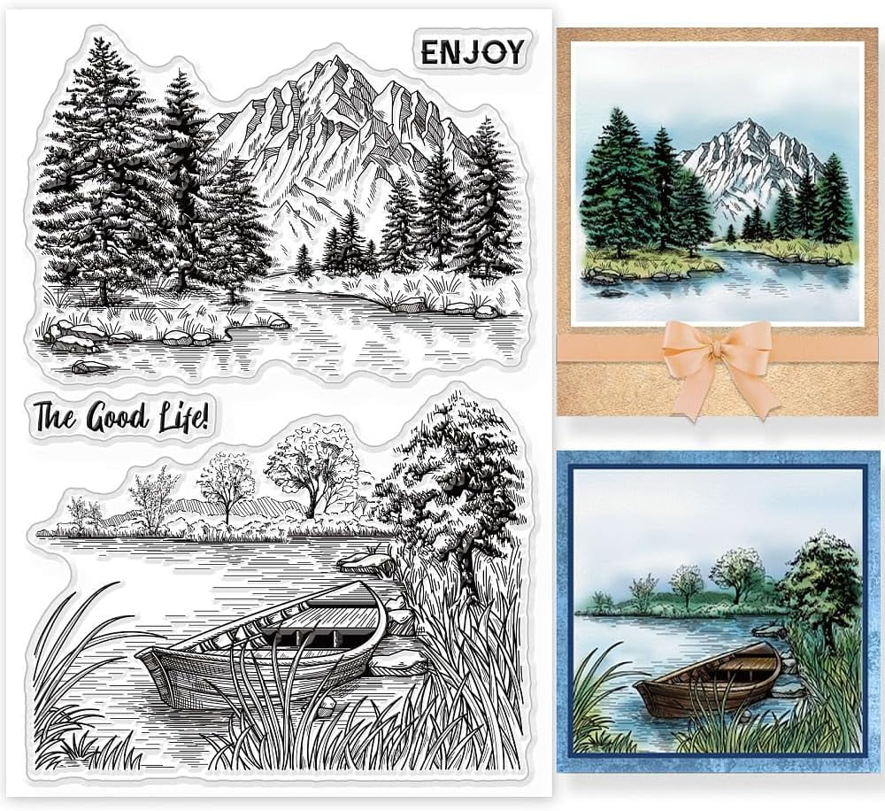 Mountain Tree Scenery Clear Stamp River Boat Landse Transparent Stamp ...