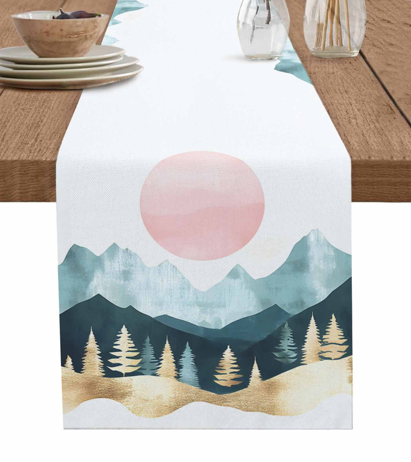 Mountain Tree Table Runner 90 Inches, Nature Green Forest Sun Landscape ...
