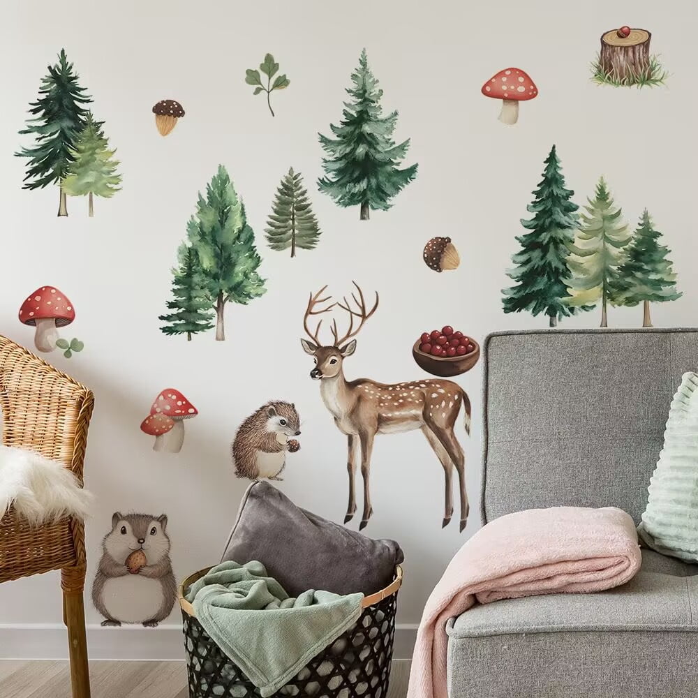 Mountain Tree Wall Stickers Large Pine Tree Forest Animals Squirrel ...