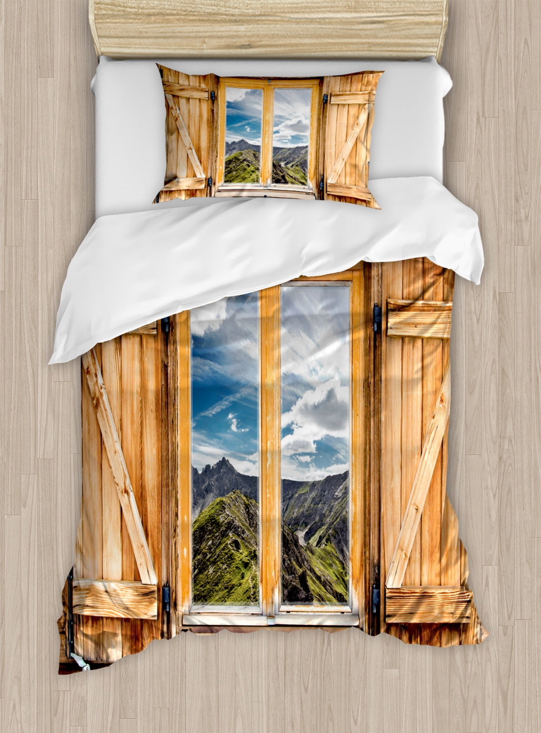 Mountain Twin Size Duvet Cover Set, Mountain and Sky View Wooden ...