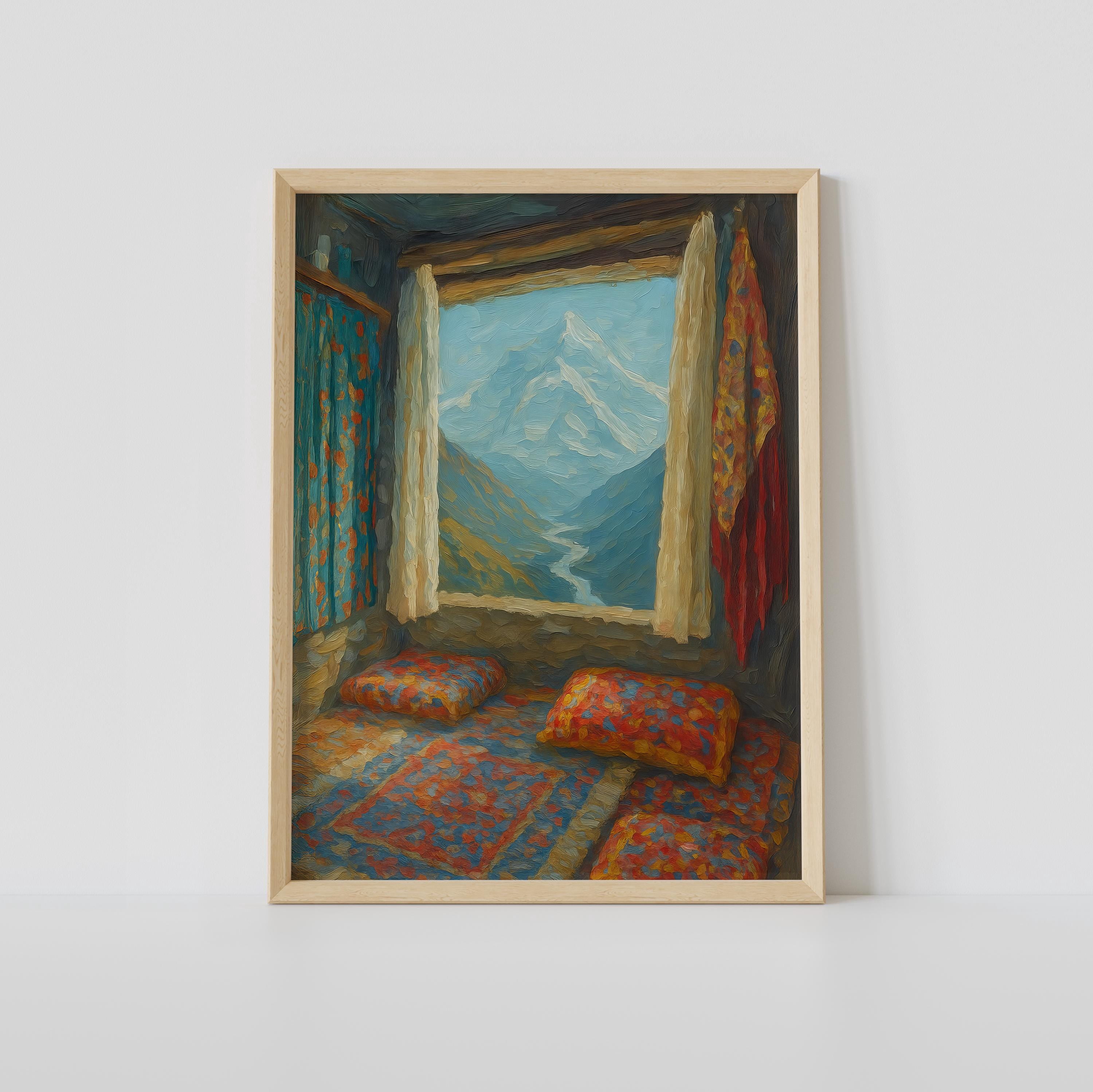 Mountain View Art Print Alpine Window Painting Cozy Cabin Wall Decor ...
