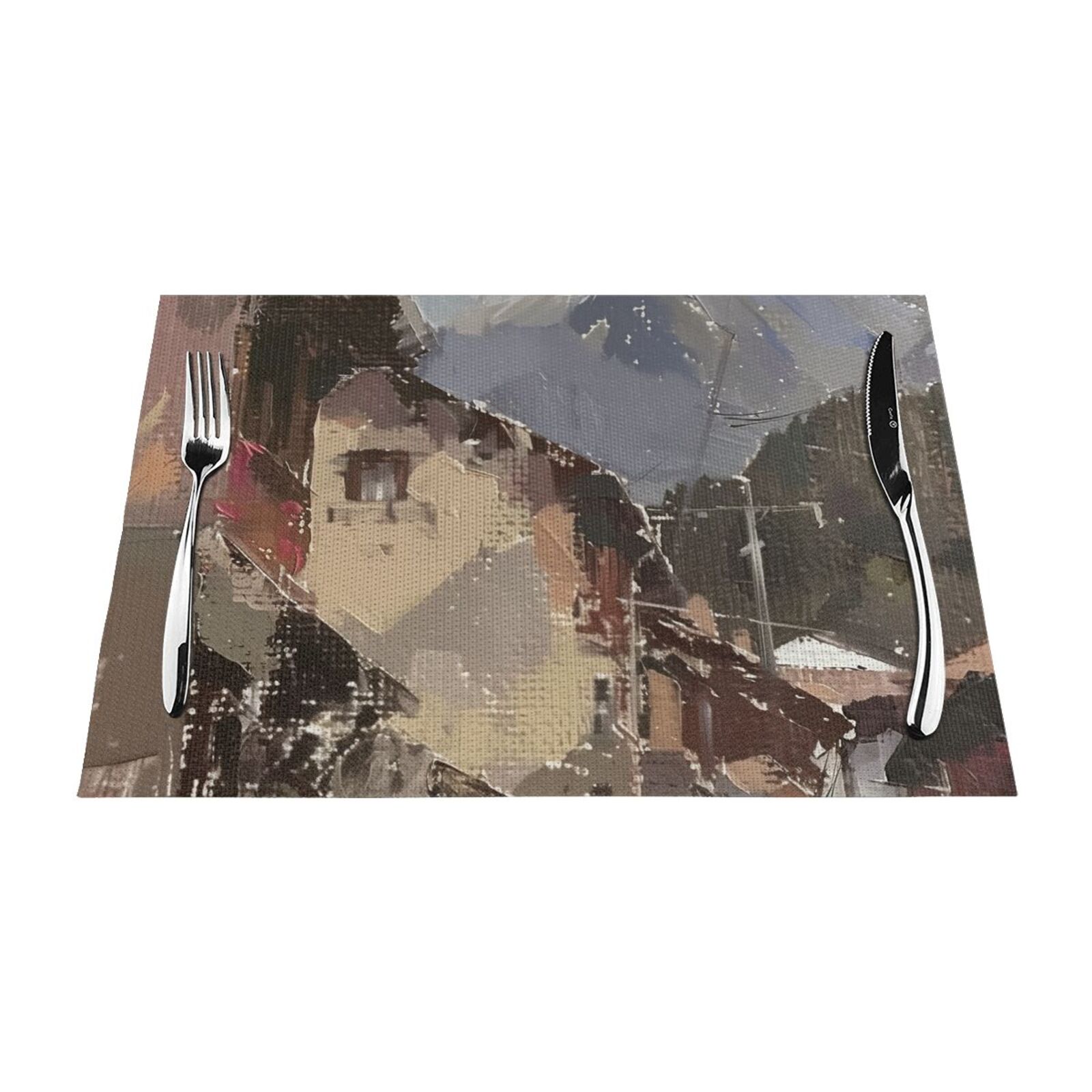Mountain Village Street Scene in Impressionistic Style Table mat can be ...