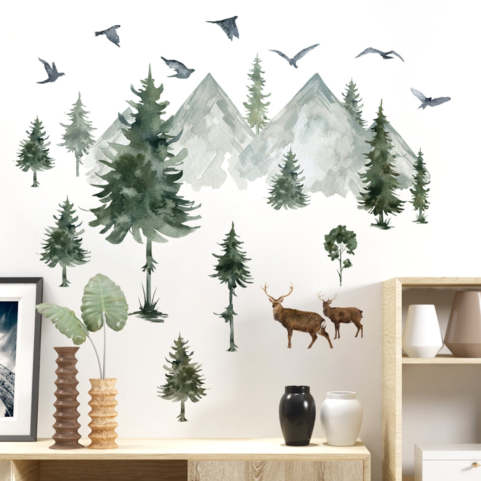 Mountain Wall Decals,Watercolor Large Peel and Stick Pine Tree Wall ...