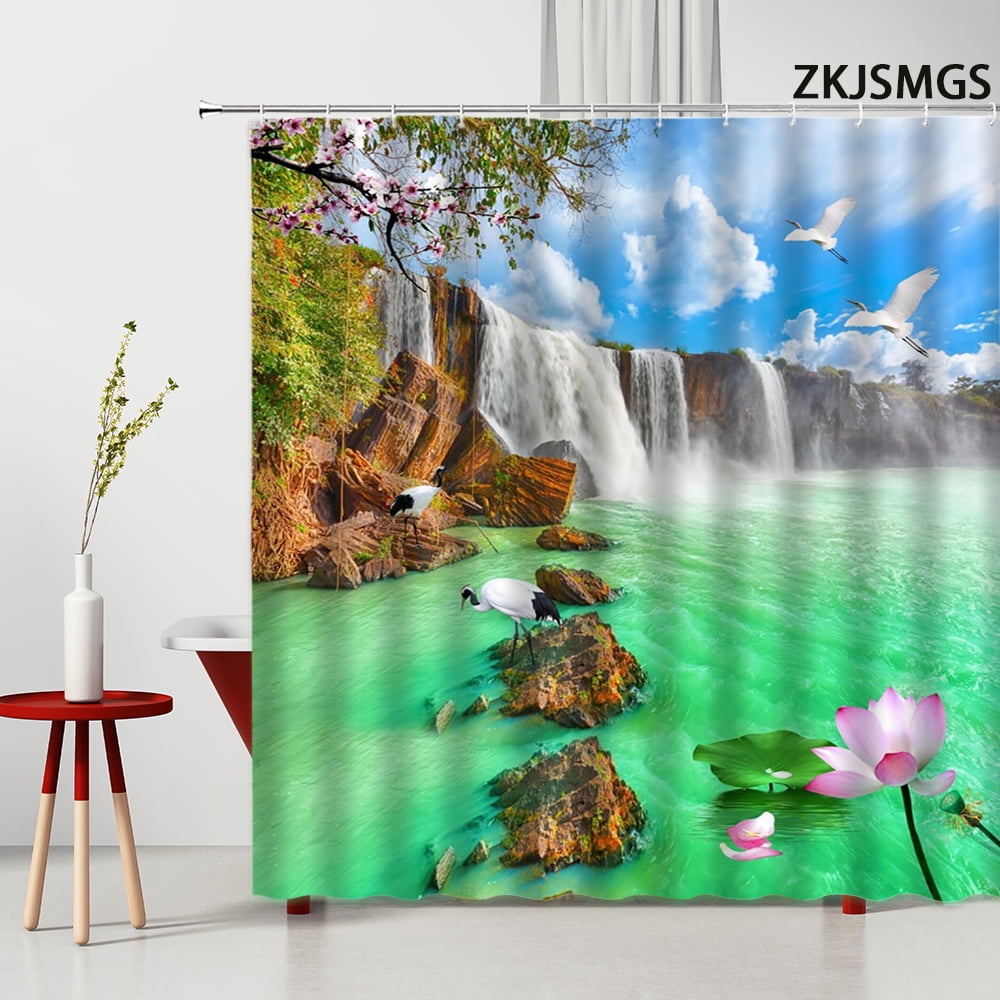 Mountain Water Landscape Shower Curtain Aesthetic Waterfall Forest ...